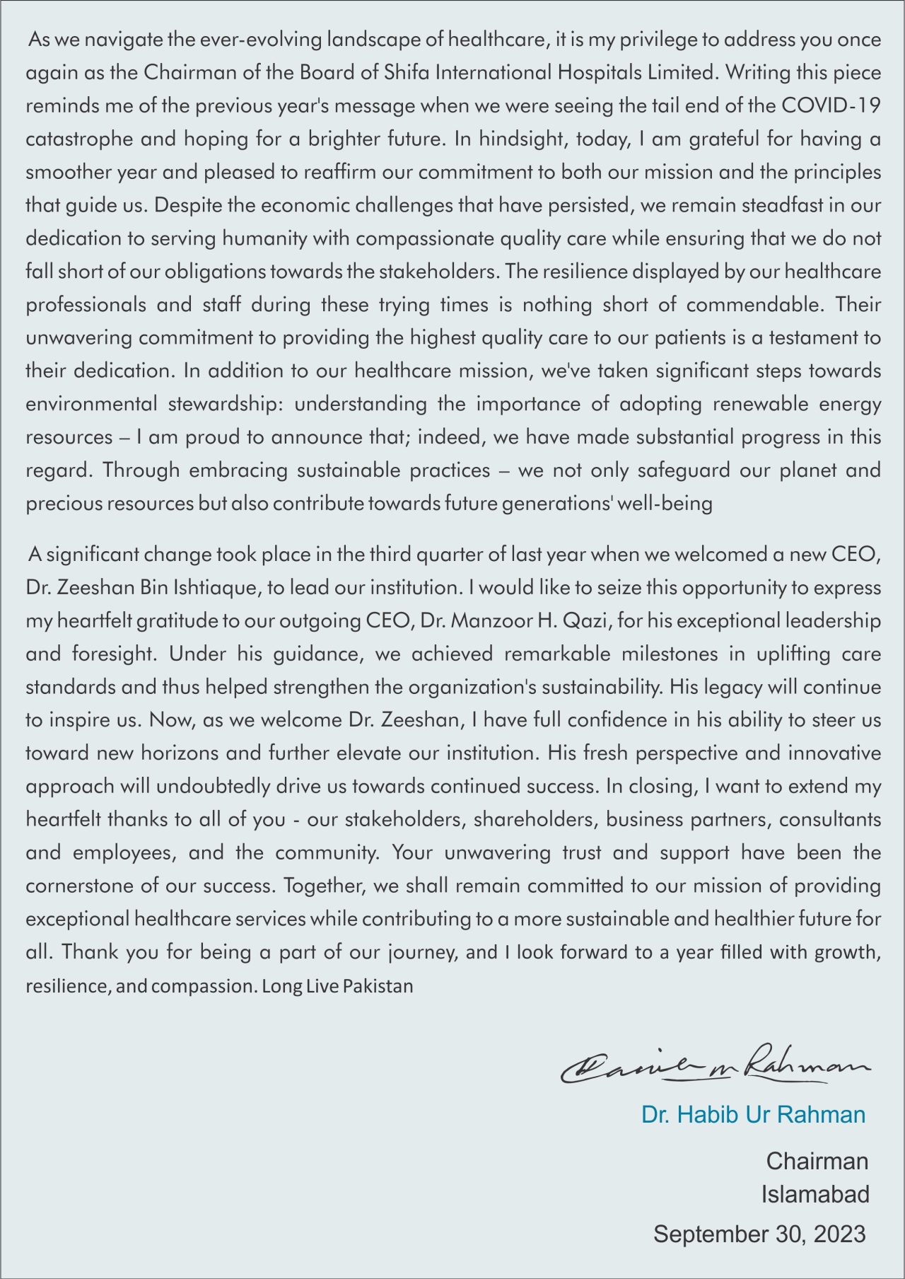 Chairman's Message | Shifa International Hospitals Limited